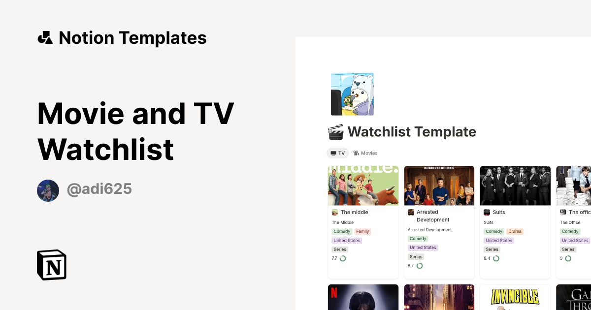 Movie and TV Watchlist Template by Adi | Notion Marketplace