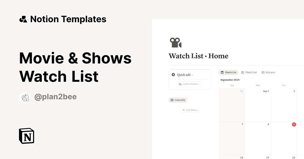 Movie & Shows Watch List Template by Plan2Be(e) | Notion Marketplace