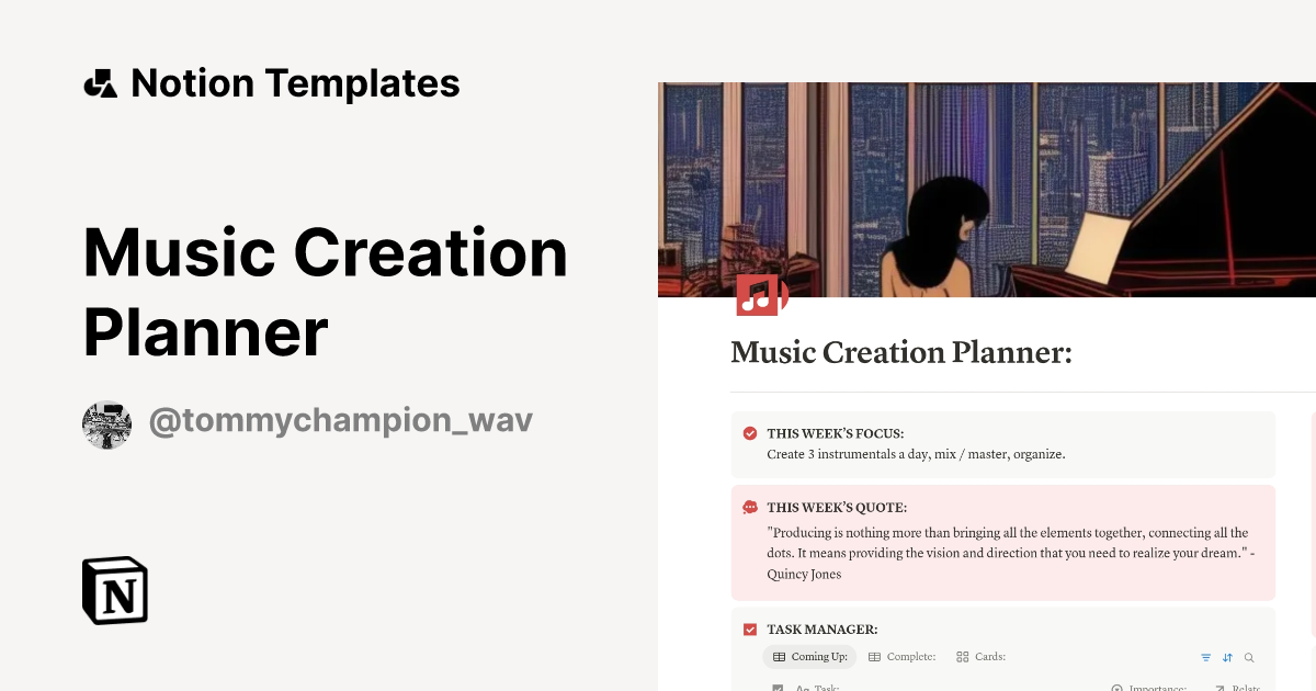 Music Creation Planner Template by Tommy Champion | Notion Marketplace