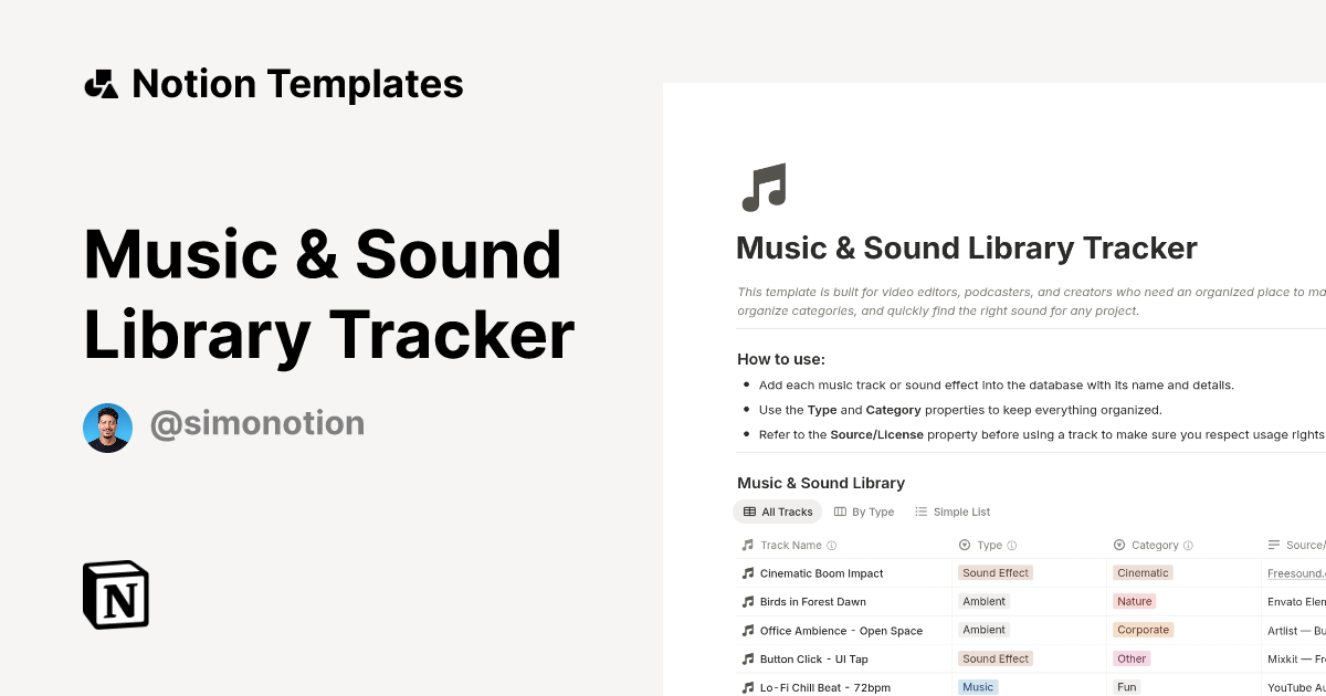 Music & Sound Library Tracker Template by Simo | Notion Marketplace