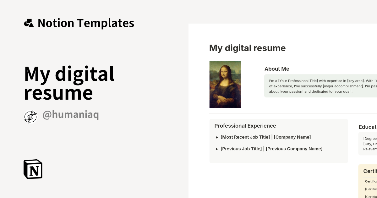 My digital resume Template by Humaniaq | Notion Marketplace