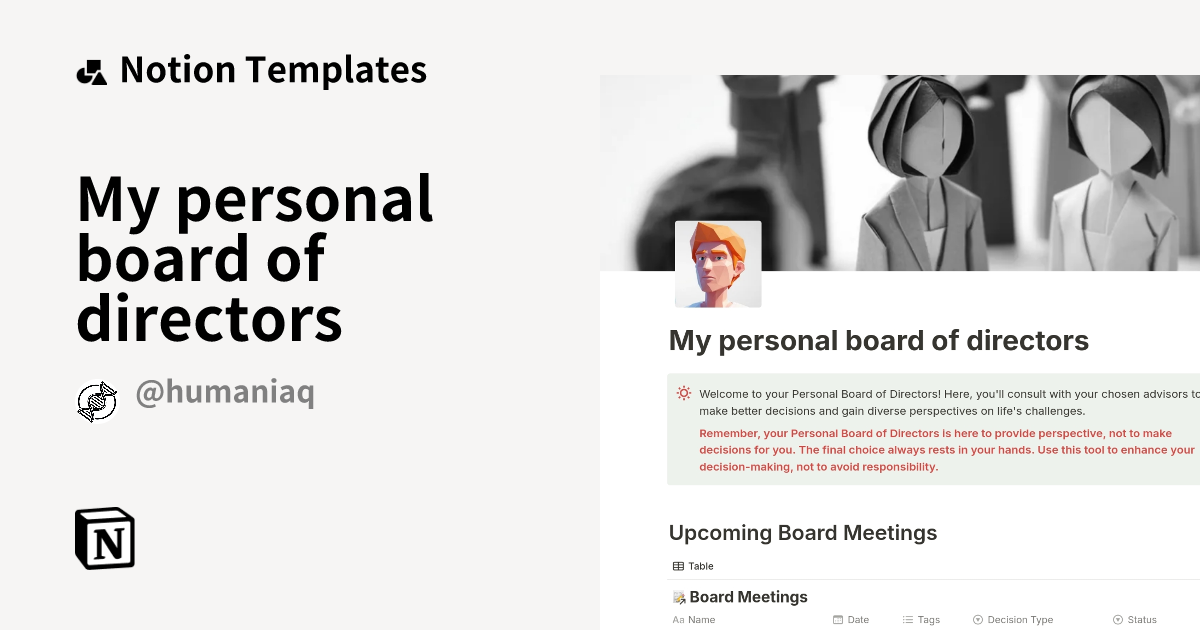 My personal board of directors Template by Humaniaq | Notion Marketplace