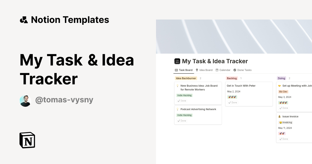 My Task & Idea Tracker Template by Tomas Vysny | Notion Marketplace