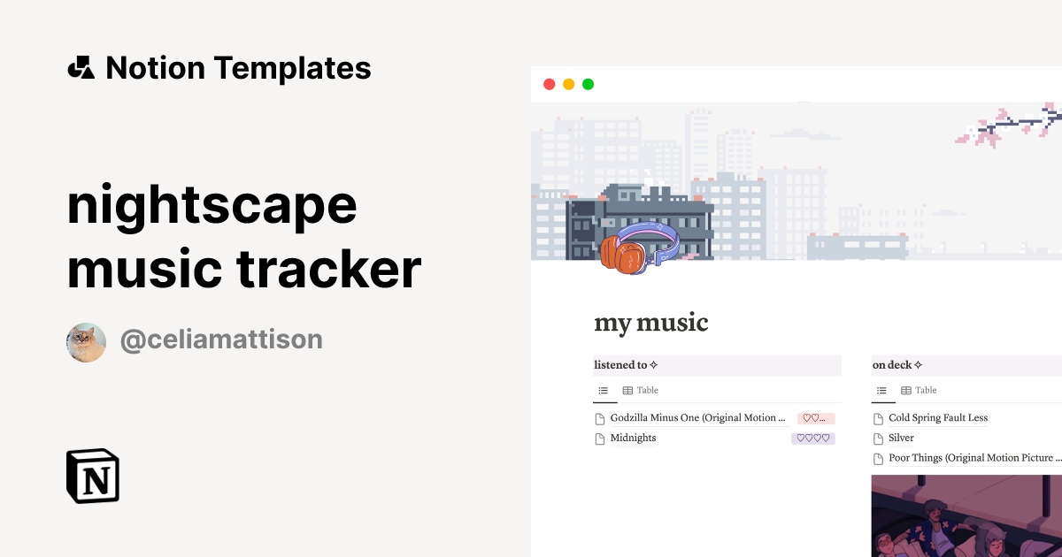 nightscape music tracker Template by Celia Mattison | Notion Marketplace