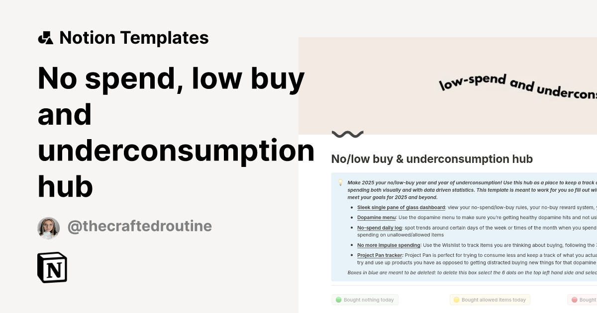 No spend, low buy and underconsumption hub Template | Notion Marketplace
