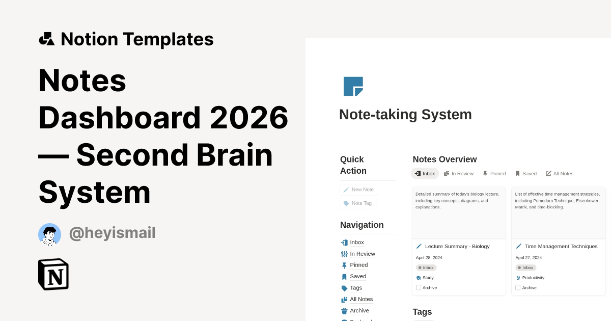 Notes Dashboard 2026 — Second Brain System Template | Notion Marketplace