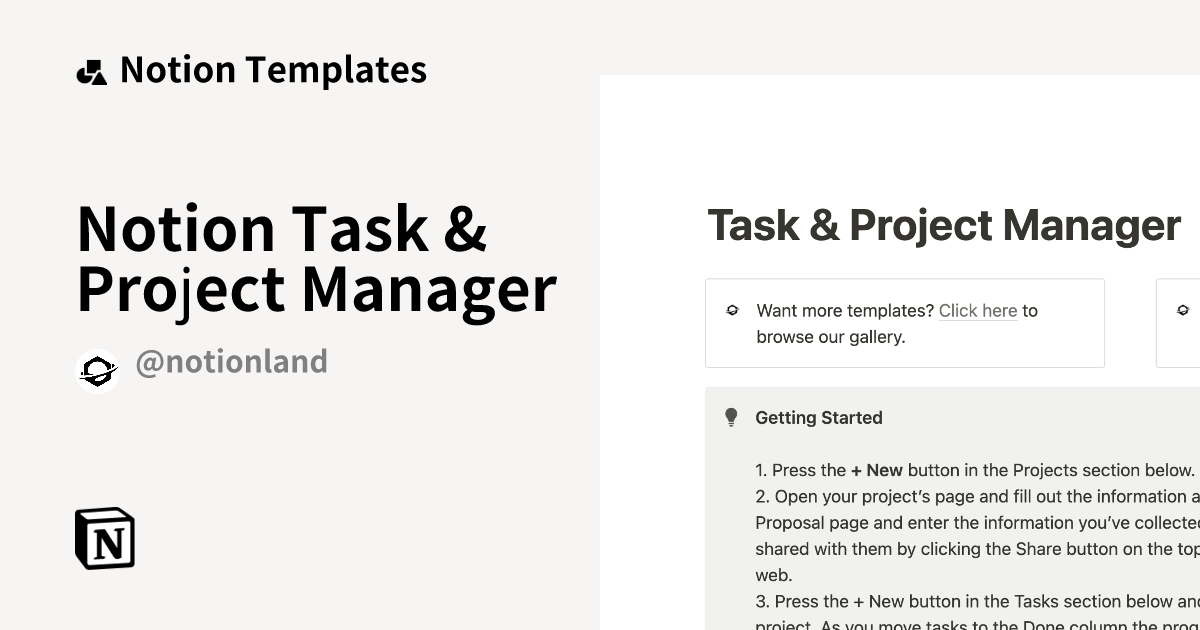 Notion Task & Project Manager Template by Notionland | Notion Marketplace