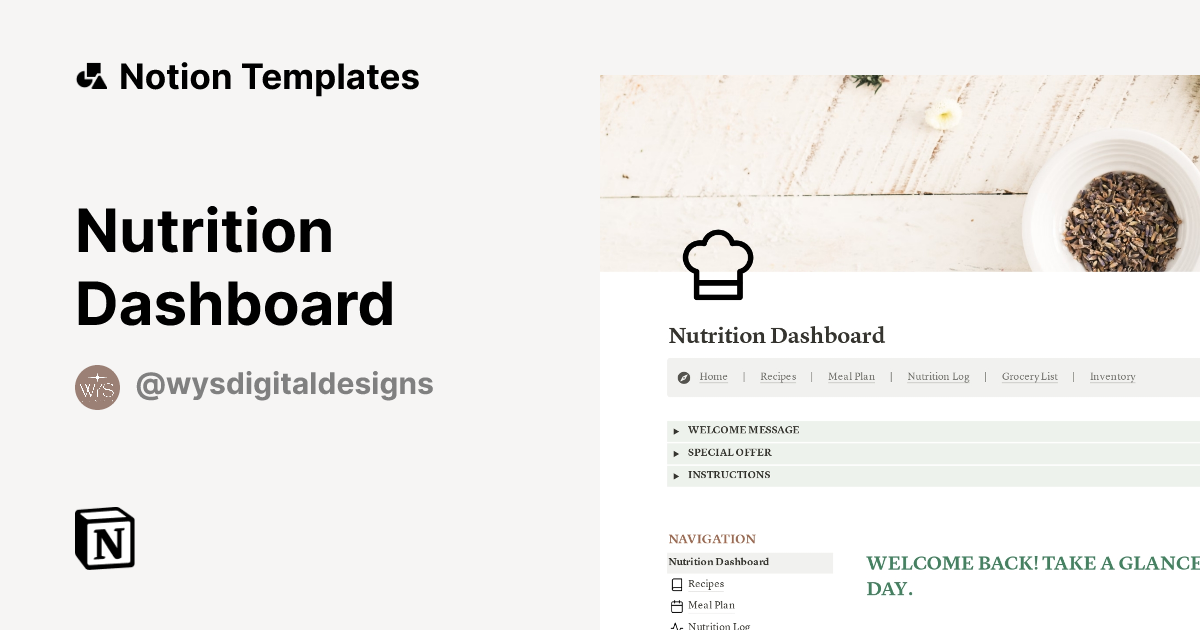 Nutrition Dashboard Template by WYS Digital Designs | Notion Marketplace