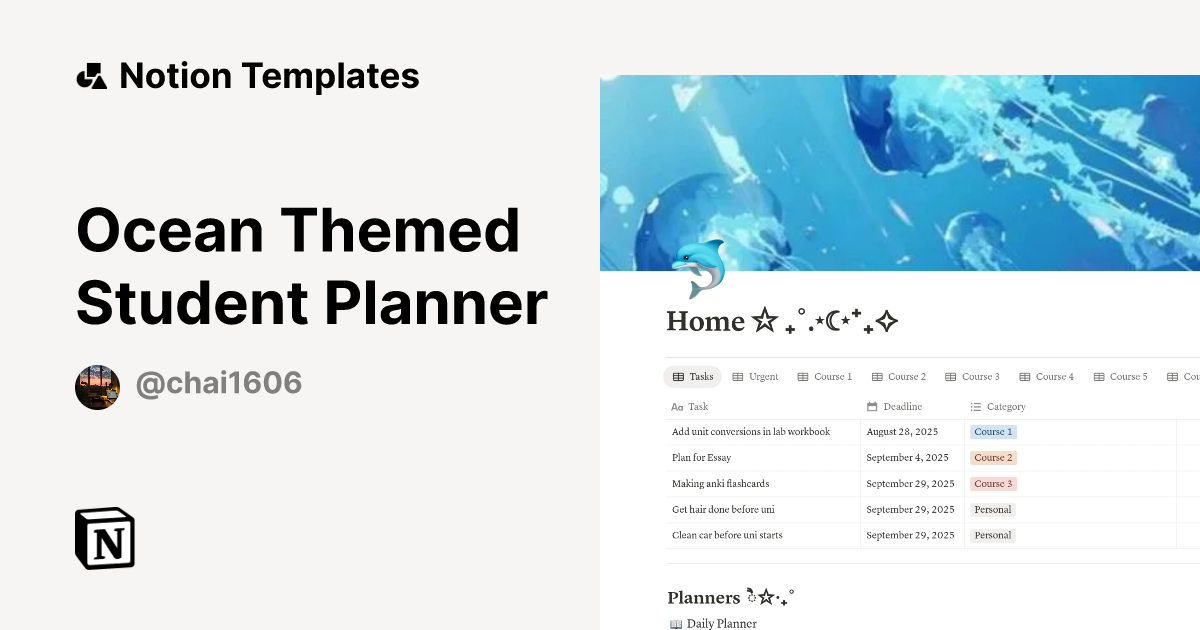 Ocean Themed Student Planner Template by Chai