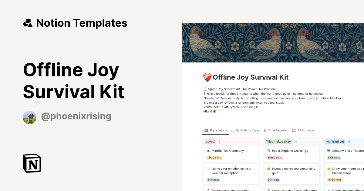 🎒 Offline Joy Survival Kit Template by Phoenix Rising | Notion Marketplace