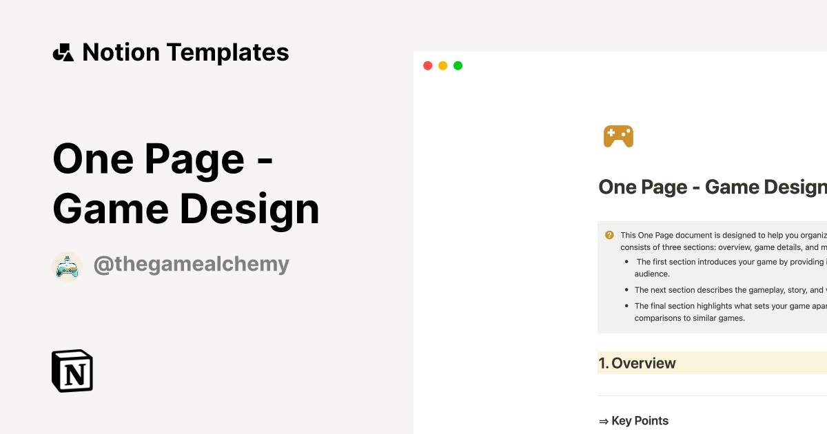 One Page - Game Design Template | Notion Marketplace