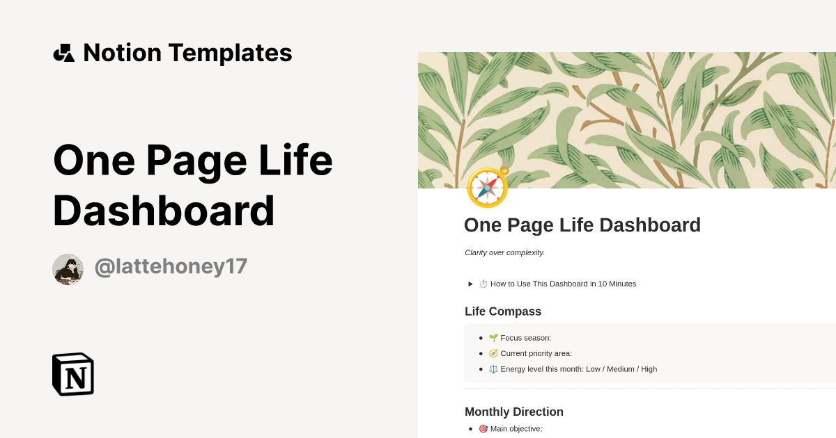 One Page Life Dashboard Template by LatteHoney (Renata) | Notion ...