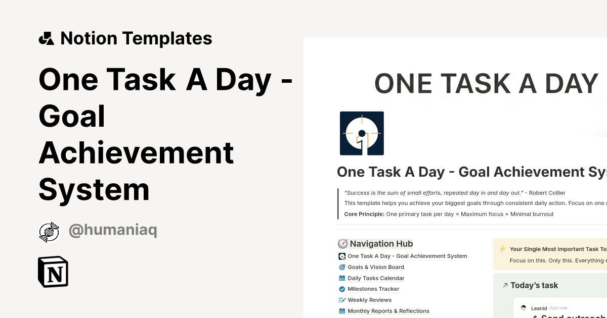 One Task A Day - Goal Achievement System Template | Notion Marketplace