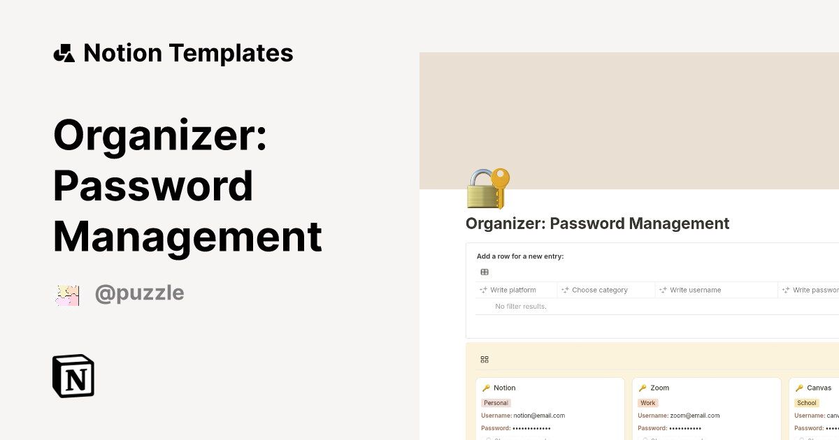 Organizer: Password Management Template by Puzzle | Notion Marketplace
