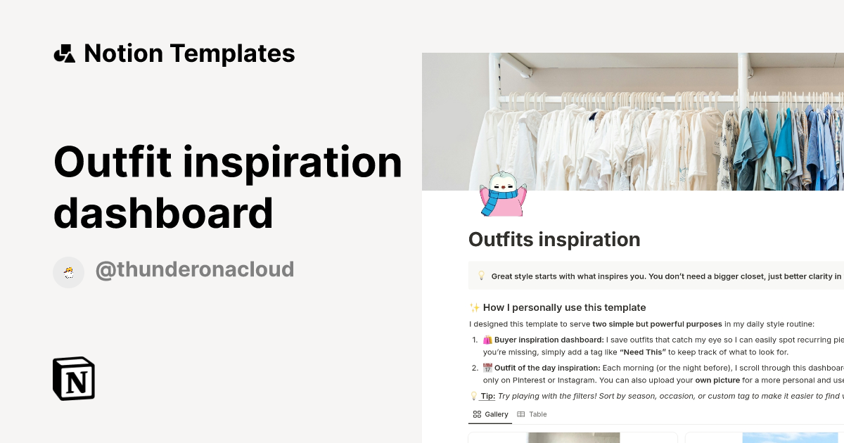 Outfit inspiration dashboard Template by Thunder On A Cloud | Notion ...