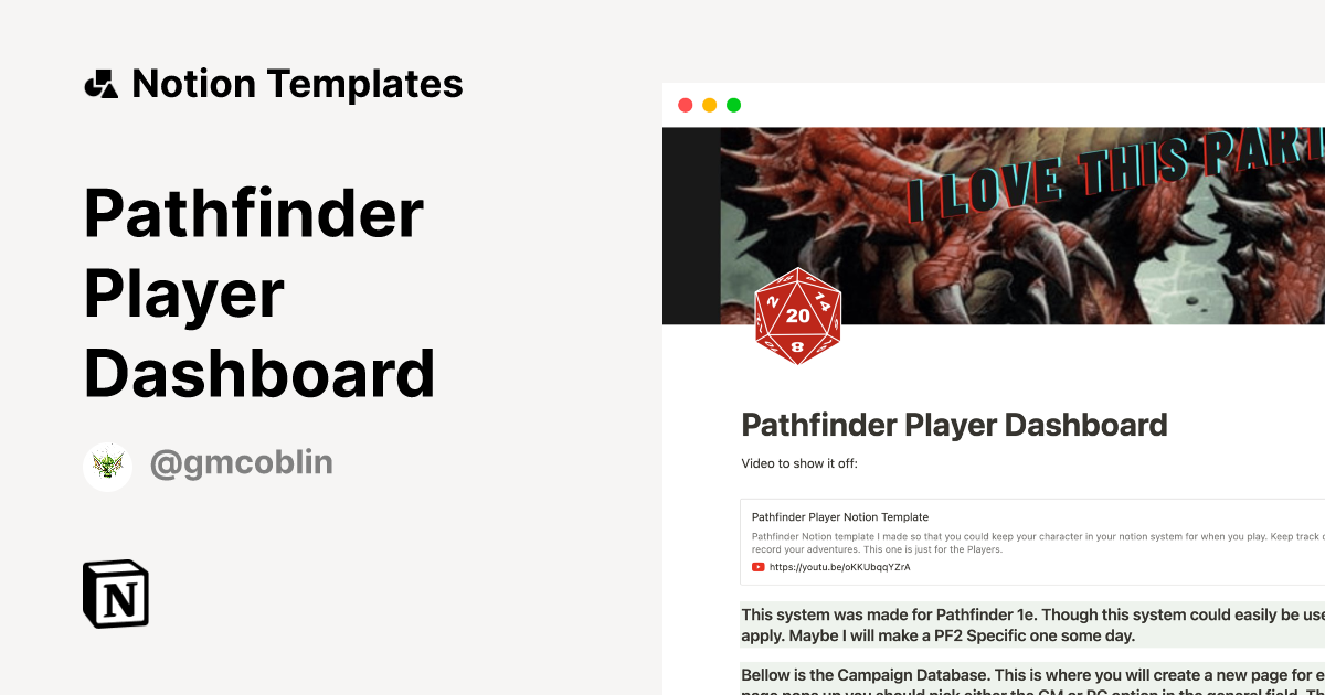 Pathfinder Player Dashboard Template by GM Coblin | Notion Marketplace