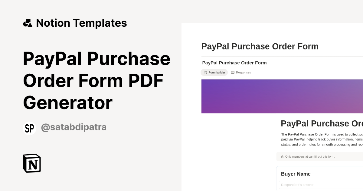 PayPal Purchase Order Form PDF Generator Template by Satabdi Patra ...