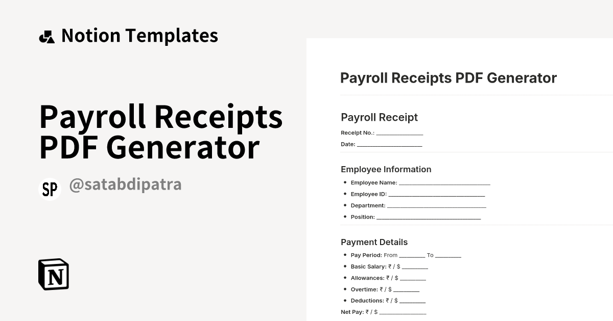 Payroll Receipts PDF Generator Template by Satabdi Patra | Notion Marketplace