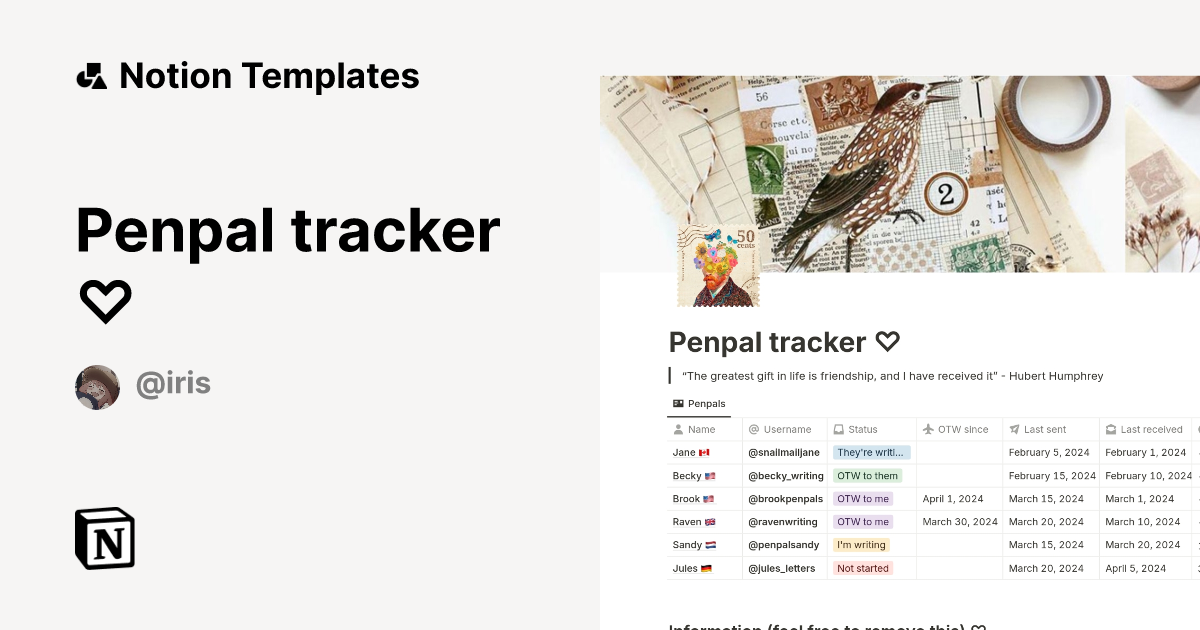 Penpal tracker ♡ Template by Iris | Notion Marketplace