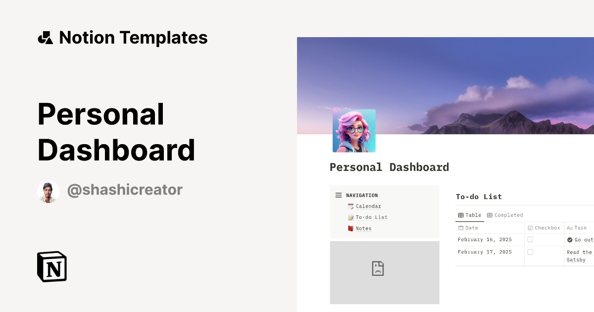 Personal Dashboard Template by R.Shashidhar Reddy | Notion Marketplace