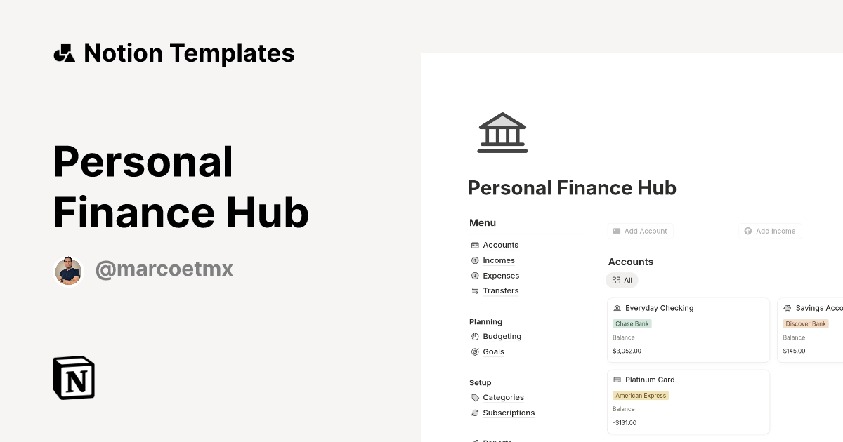 Personal Finance Hub Template by Marco Elizalde | Notion Marketplace