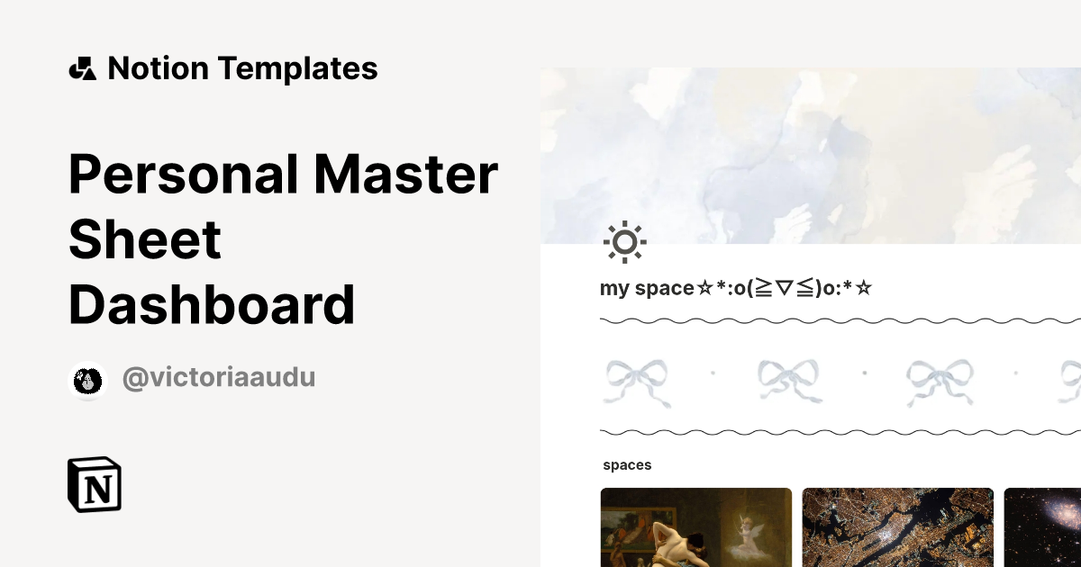 Personal Master Sheet Dashboard Template by Victoria Audu | Notion Marketplace