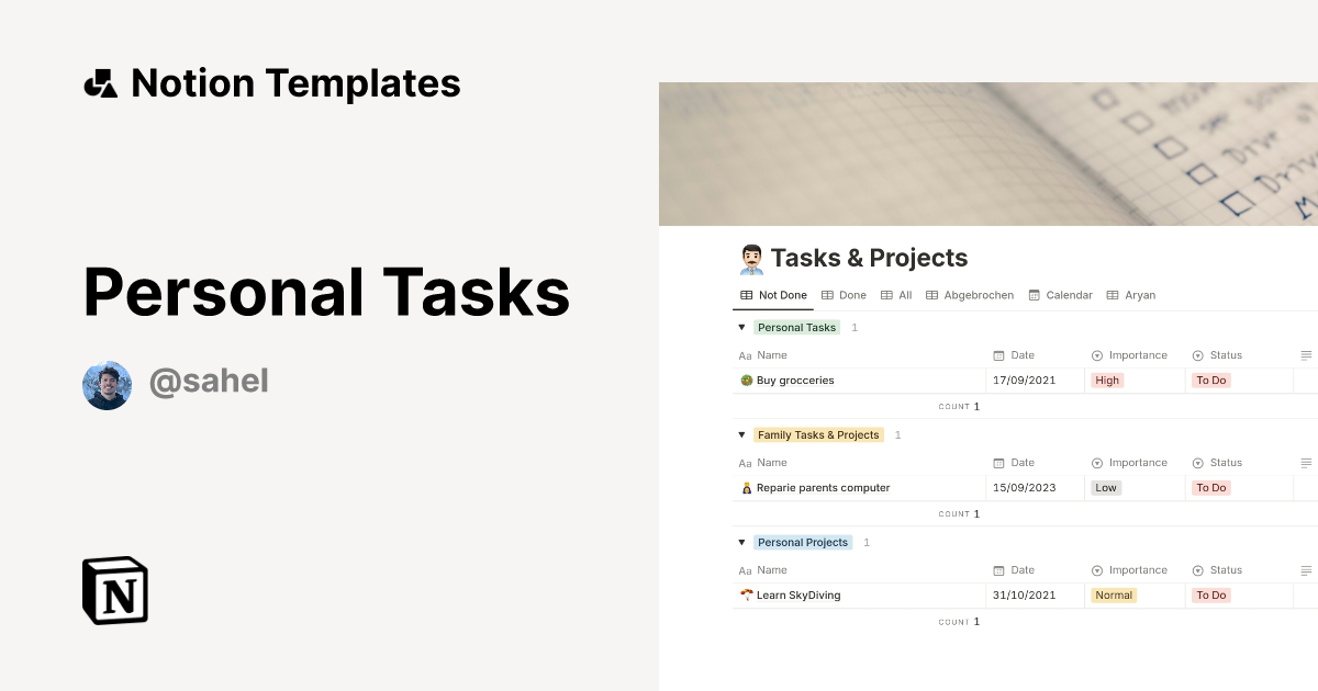 Personal Tasks Template | Notion Marketplace