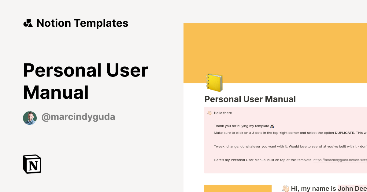 Personal User Manual Template by Marcin Dyguda | Notion Marketplace
