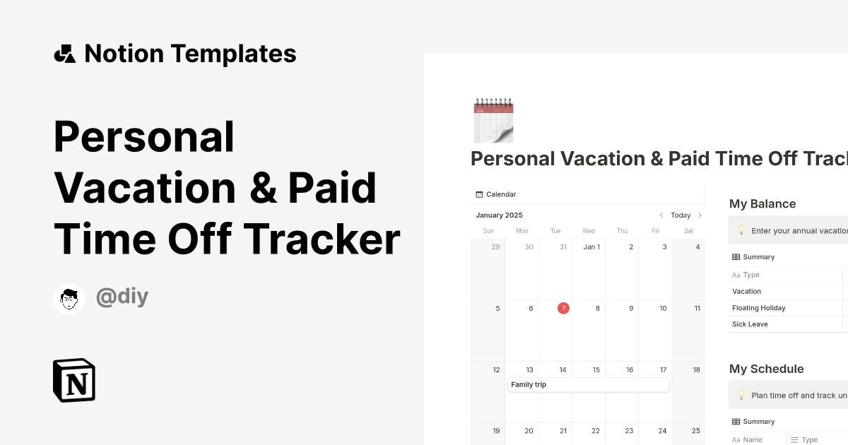 Personal Vacation & Paid Time Off Tracker Template | Notion Marketplace