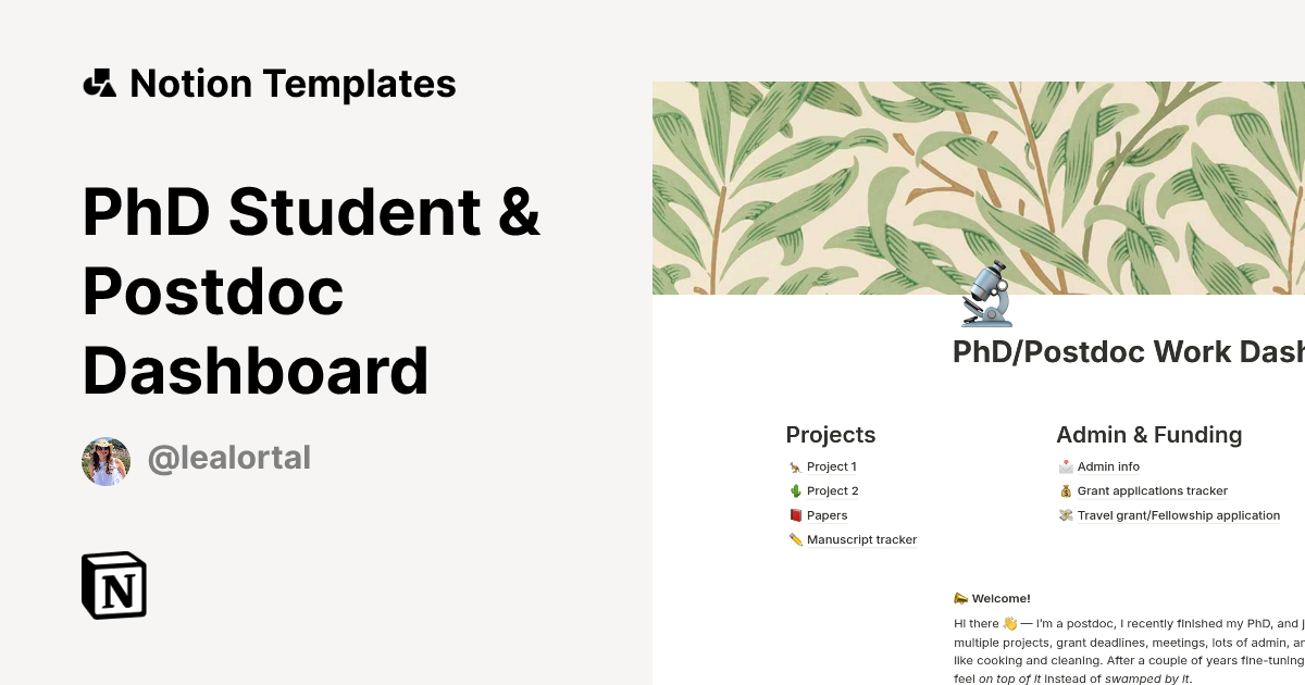 PhD Student & Postdoc Dashboard Template by Lea Lortal | Notion Marketplace