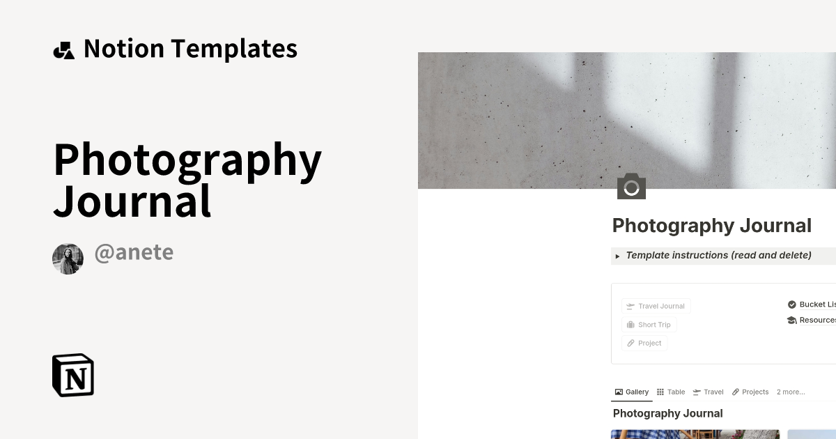 Photography Journal Template by Anete Lusina | Notion Marketplace
