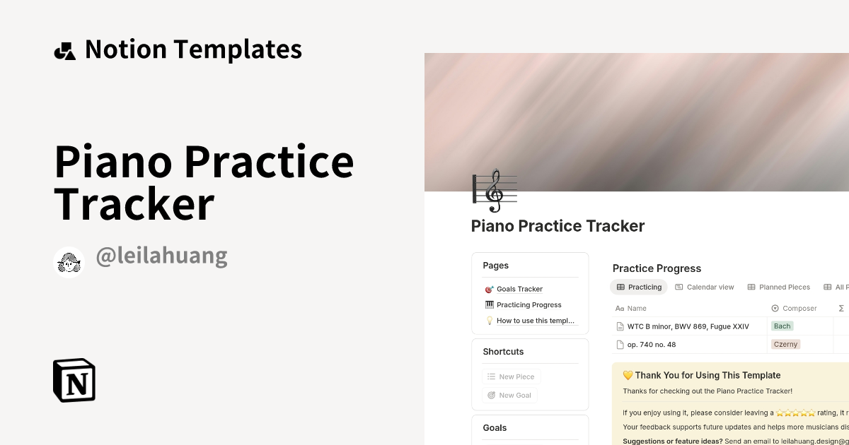 Piano Practice Tracker Template by Leila Huang | Notion Marketplace