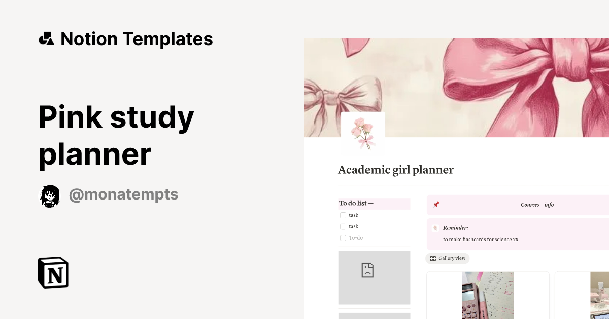Pink study planner Template by ℳℴ𝓃𝒶 | Notion Marketplace