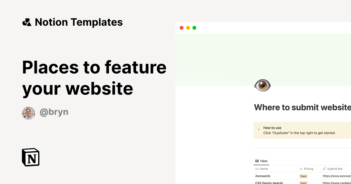 Places to feature your website Template by Bryn Taylor | Notion Marketplace