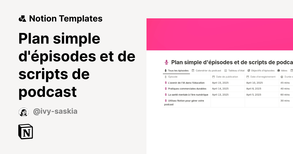 Plan simple d'épisodes et de scripts de podcast Template by Ivy Saskia | Notion Marketplace