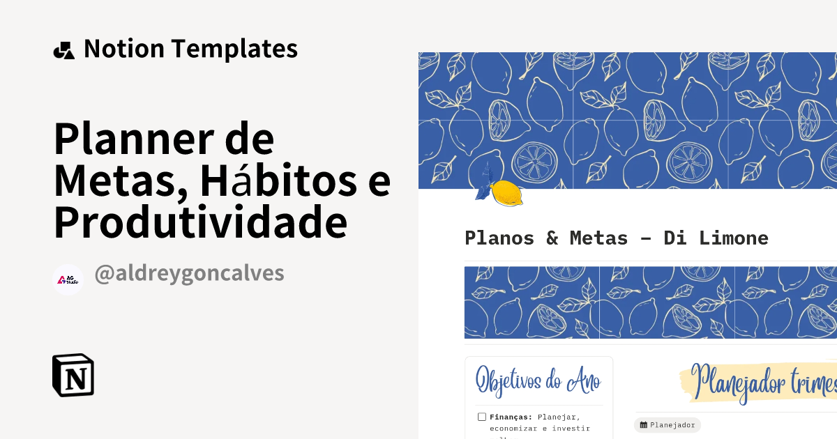 Planner de Metas, Hábitos e Produtividade Template | Notion Marketplace
