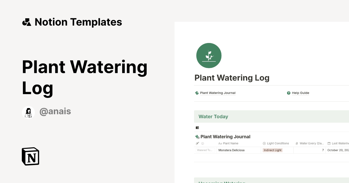 Plant Watering Log Template by Anaïs | Notion Marketplace
