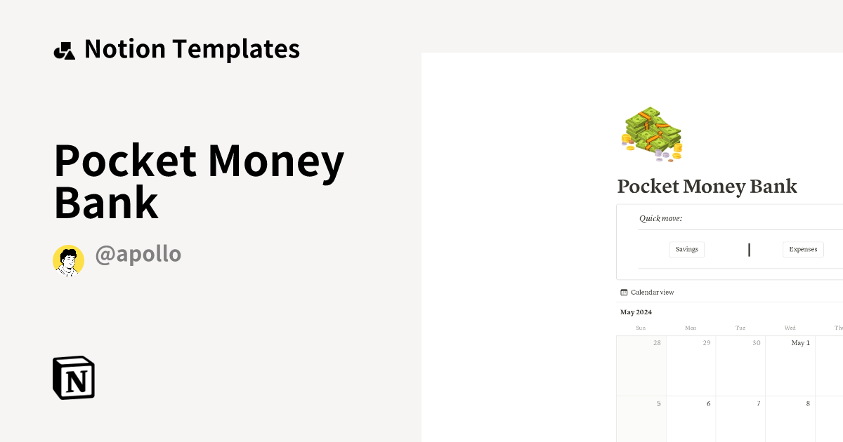 Pocket Money Bank Template by Apollo | Notion Marketplace
