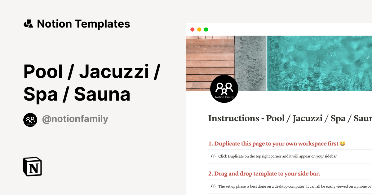 Pool / Jacuzzi / Spa / Sauna Template by Notion Family | Notion Marketplace