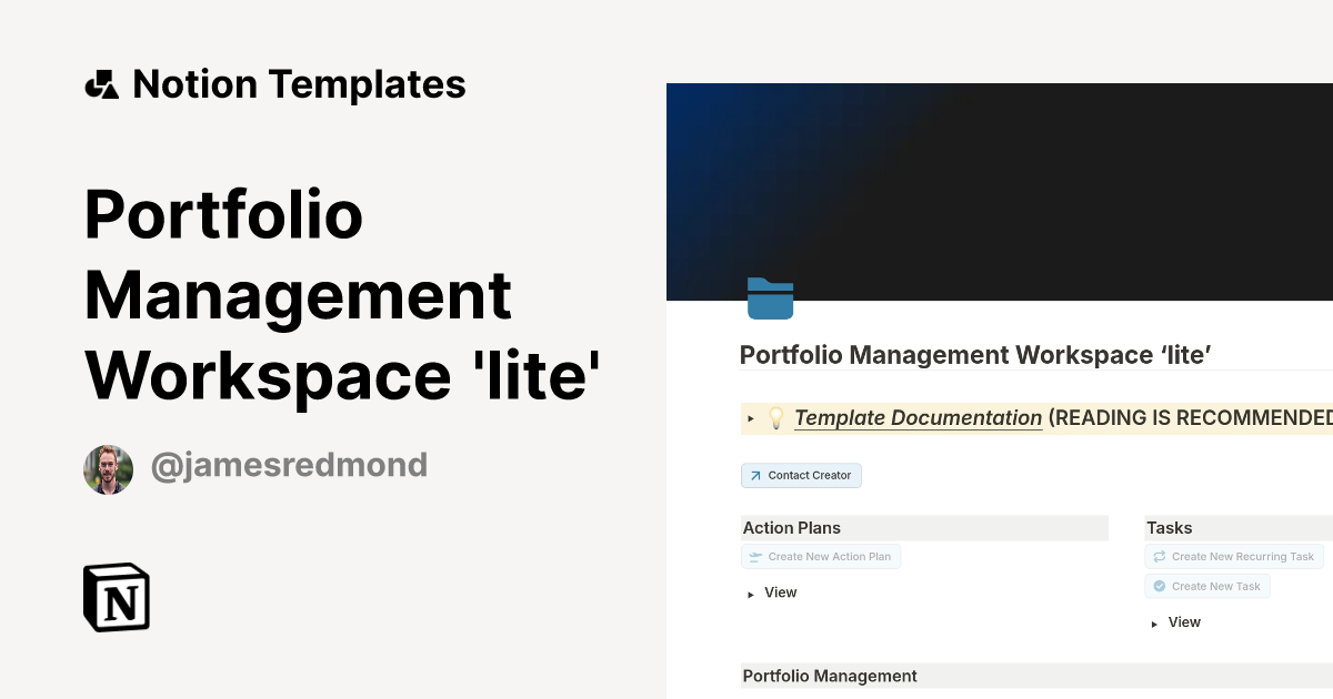 Portfolio Management Workspace 'lite' Template by James Redmond | Notion Marketplace