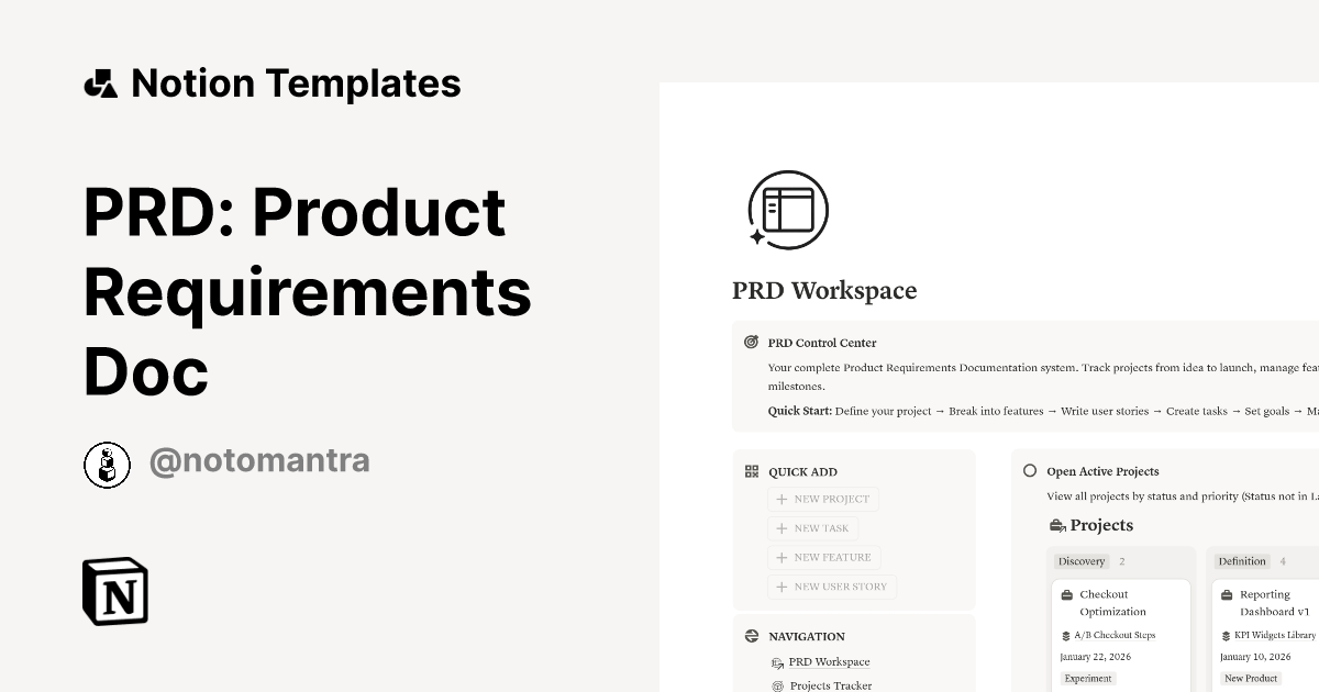 PRD: Product Requirements Doc Template by NotoMantra | Notion Marketplace