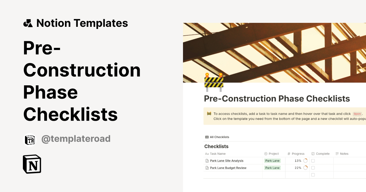 Pre-Construction Phase Checklists Template by Template Road | Notion ...