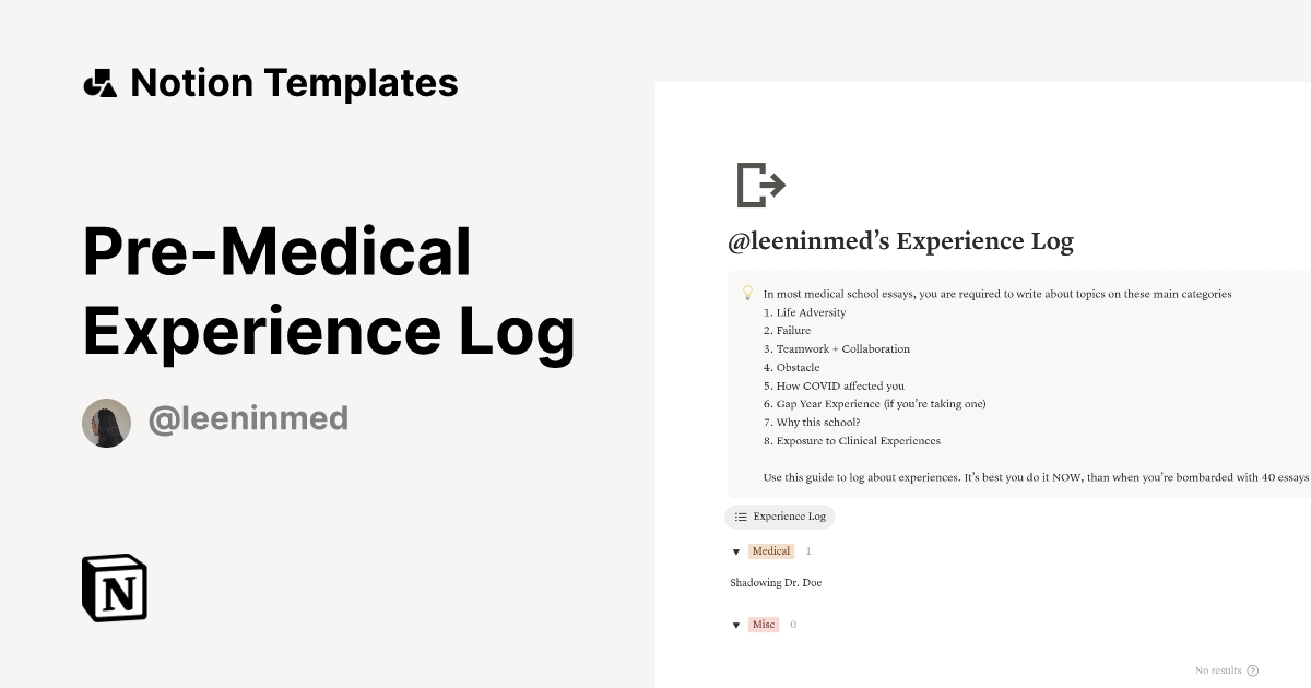 Pre-Medical Experience Log Template | Notion Marketplace