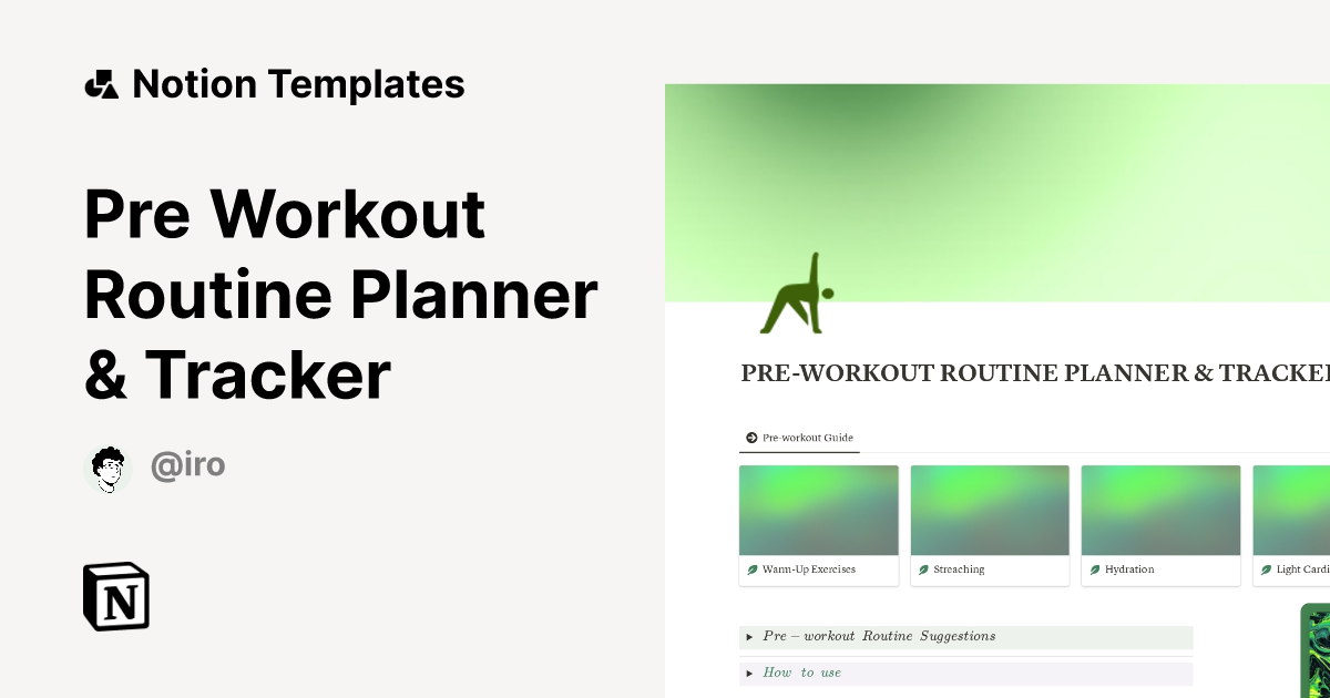 Pre Workout Routine Planner & Tracker Template by Iro | Notion Marketplace