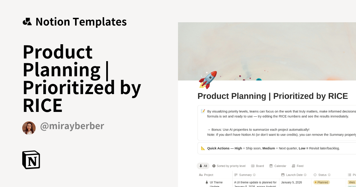 Product Planning | Prioritized by RICE Template | Notion Marketplace