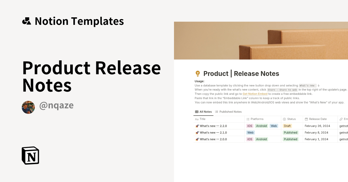 Product Release Notes Template | Notion Marketplace