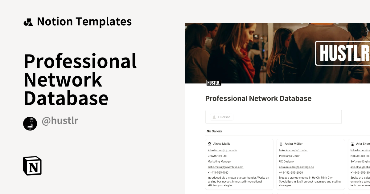 Professional Network Database Template by Hustlr. | Notion Marketplace