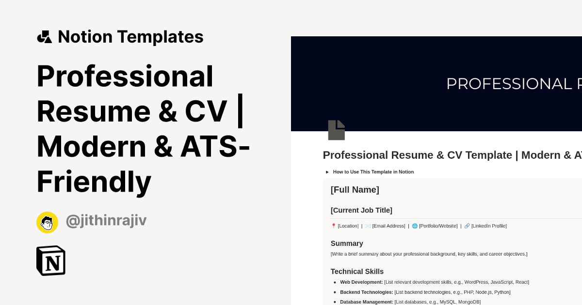 Professional Resume & CV | Modern & ATS-Friendly Template by Jithin Rajiv | Notion Marketplace