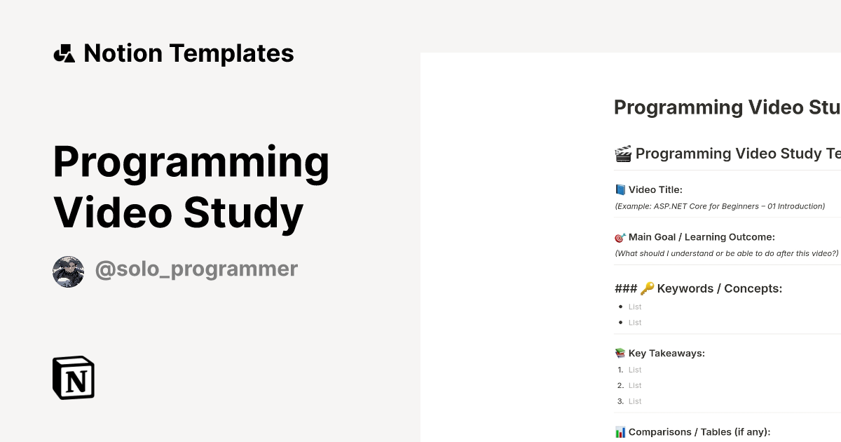 Programming Video Study Template by Solo_Programmer | Notion Marketplace