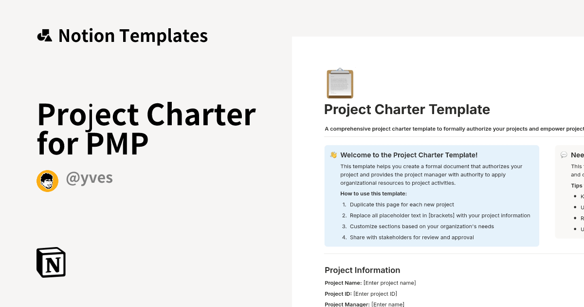 Project Charter for PMP Template by Yves | Notion Marketplace